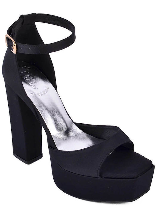 My Way Shoes 12981 Υφασμάτινα Γυναικεία Πέδιλα με Χοντρό Ψηλό Τακούνι ...