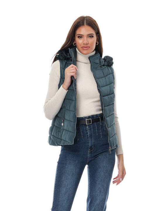 IF-Fashion Κοντό Γυναικείο Αμάνικο Puffer Μπουφάν για Χειμώνα Μπλε ...