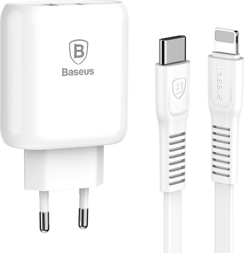 Baseus Φορτιστής με Θύρα USB-A και Θύρα USB-C και Καλώδιο Lightning 32W ...