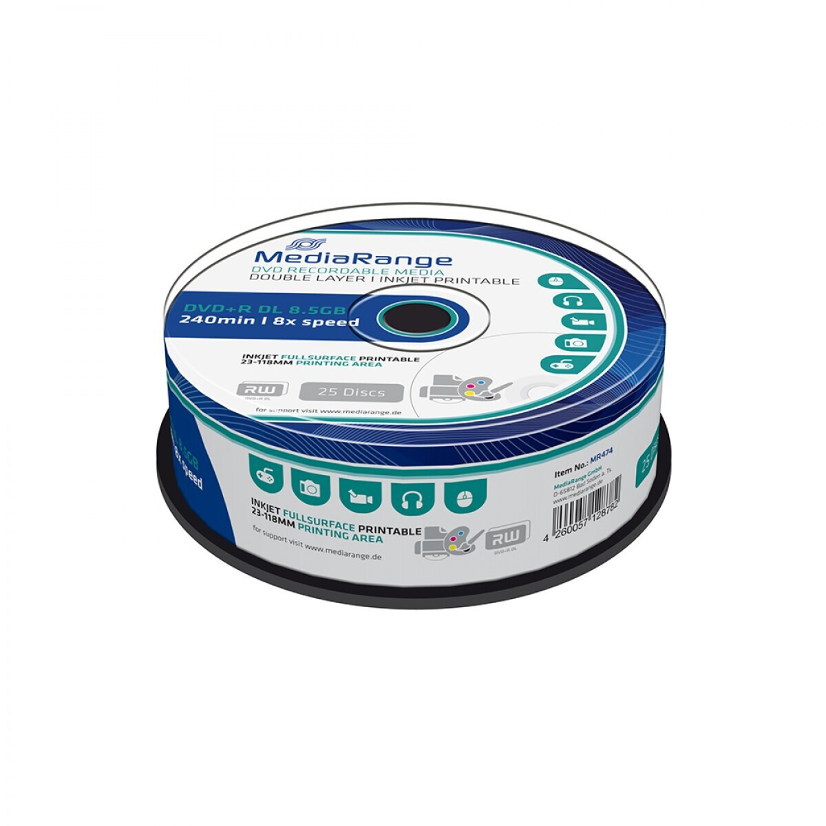 MediaRange Εγγράψιμα DVD+R 8x Dual Layer Printable 8.5GB Cake Box 25τμχ (MR474) | Skroutz.gr