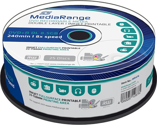 MediaRange Εγγράψιμα DVD+R 8x Dual Layer Printable 8.5GB Cake Box 25τμχ (MR474) | Skroutz.gr