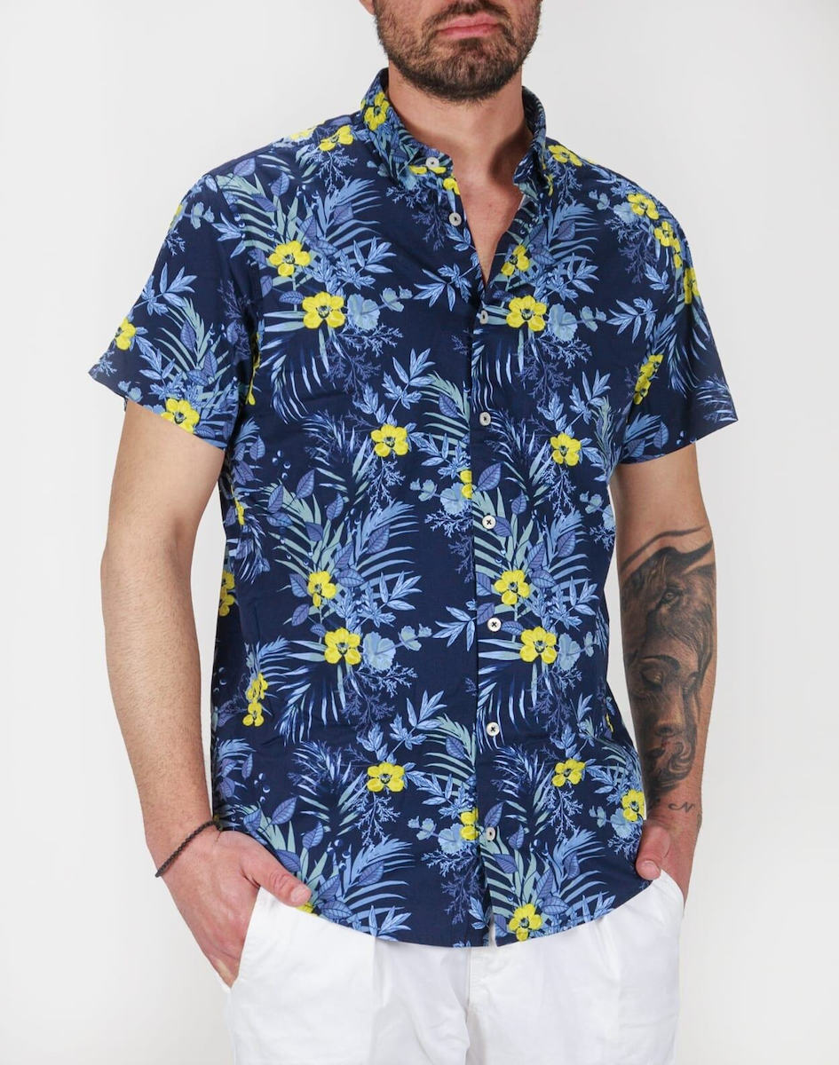 Marcus Ανδρικό Πουκάμισο Κοντομάνικο Floral Μπλε 34-200120-7094 ...