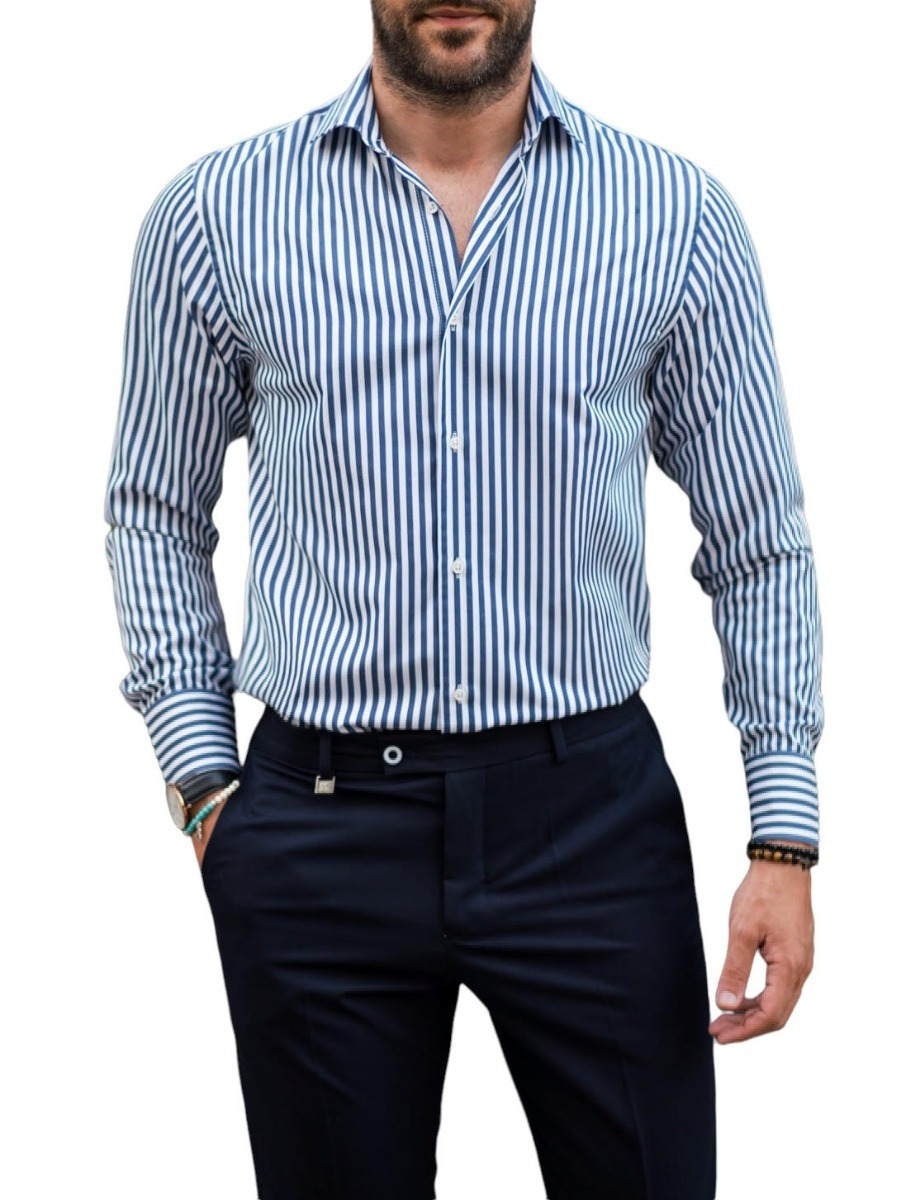 Vittorio Artist Ανδρικό Πουκάμισο με Στενή Γραμμή Μακρυμάνικo Ριγέ Μπλε ...