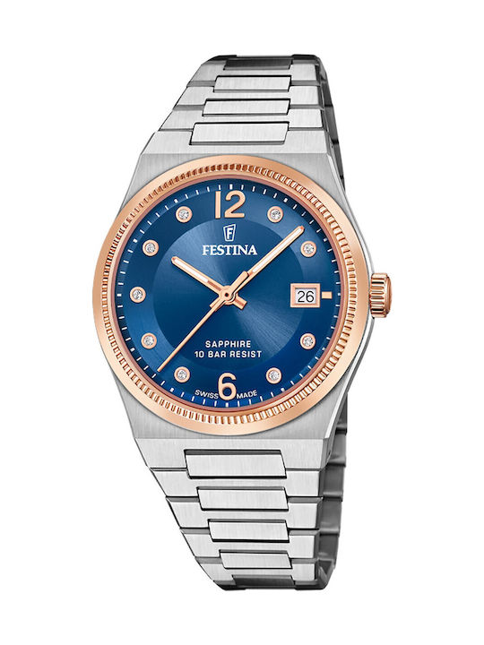 Festina Γυναικείο Ρολόι 35mm Μπαταρίας με Ασημί Μεταλλικό Μπρασελέ ...