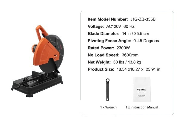 Vevor 14" Metal Cutting Chop Saw 2300w Adjustable Angle Safety Guard ...
