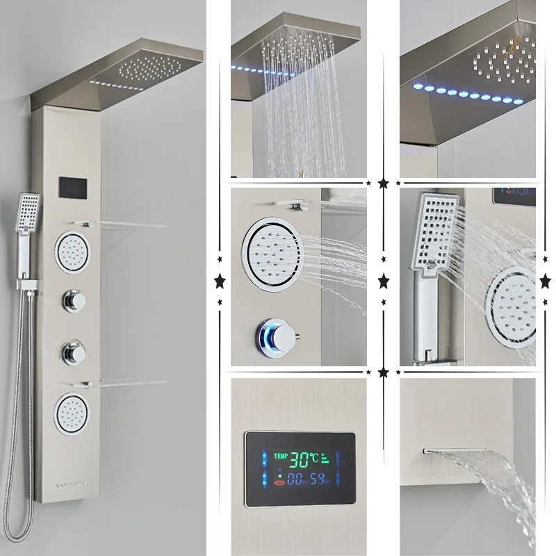 Shower Panel Set Brass Shower Head Digital Temperature Display Brushed ...