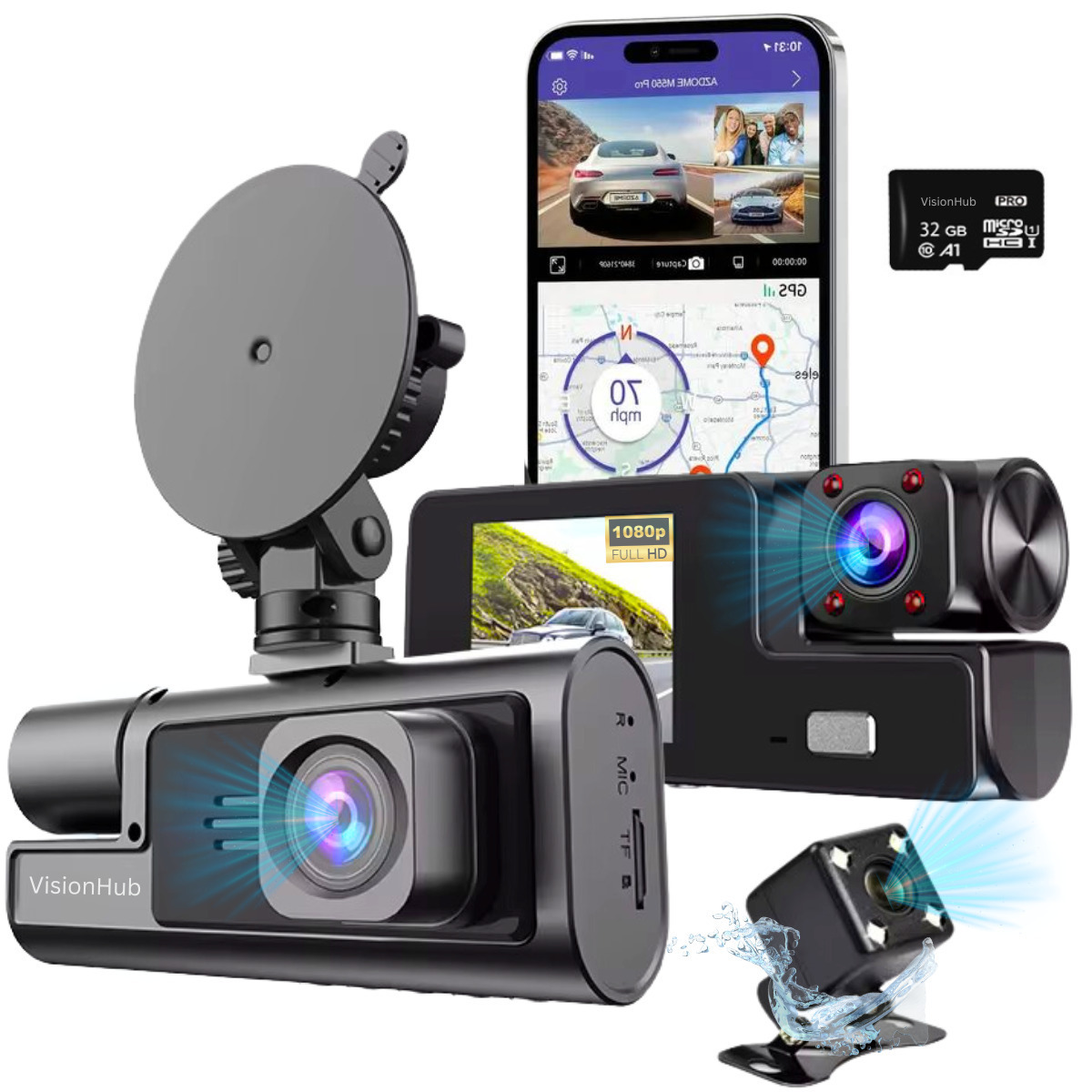 Full Hd 1080p Dashboard Triple Camera Visionhub Wifi Adjustable G ...