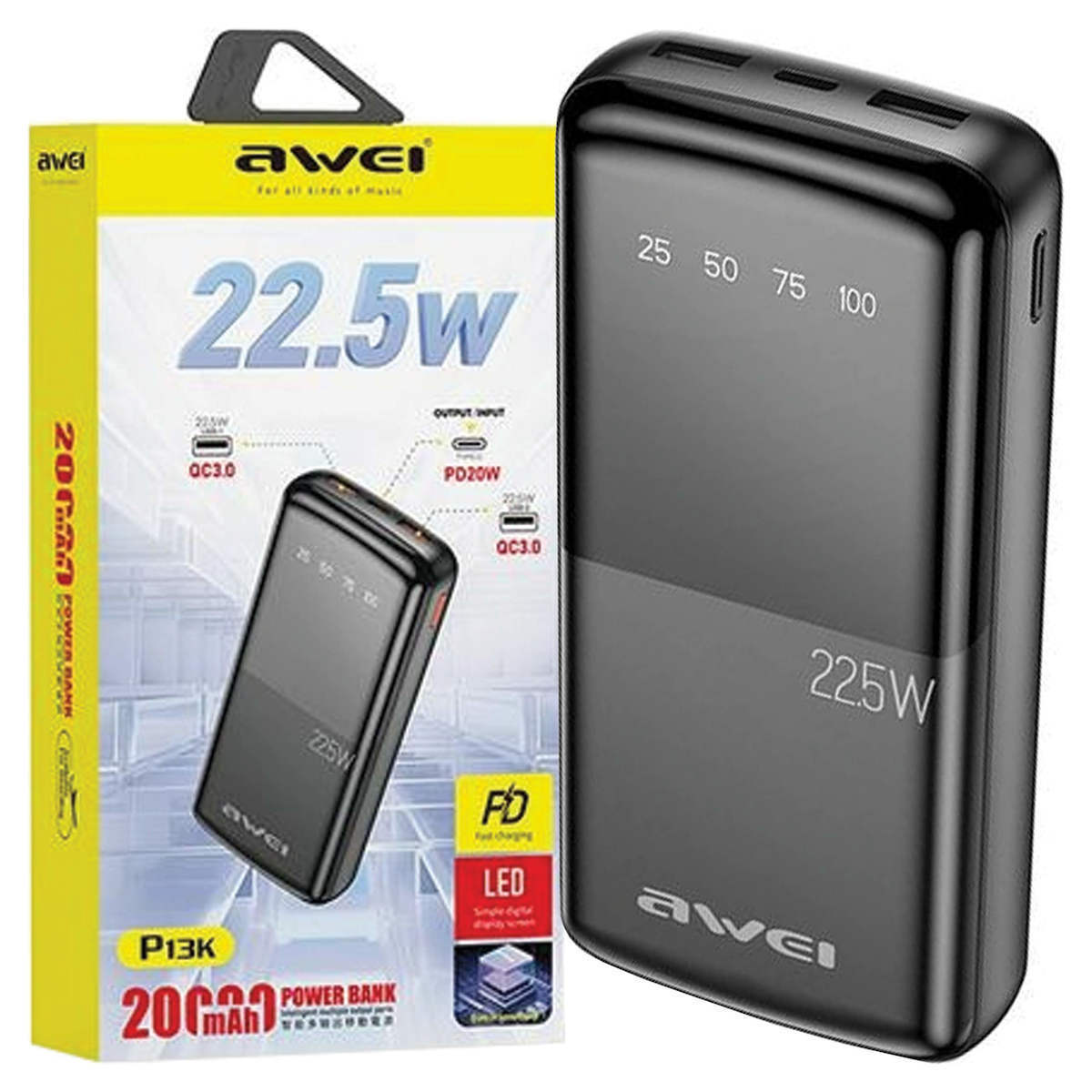 Awei P13K Power Bank 20000mAh 22.5W με 2 Θύρες USB-A και Θύρα USB-C ...