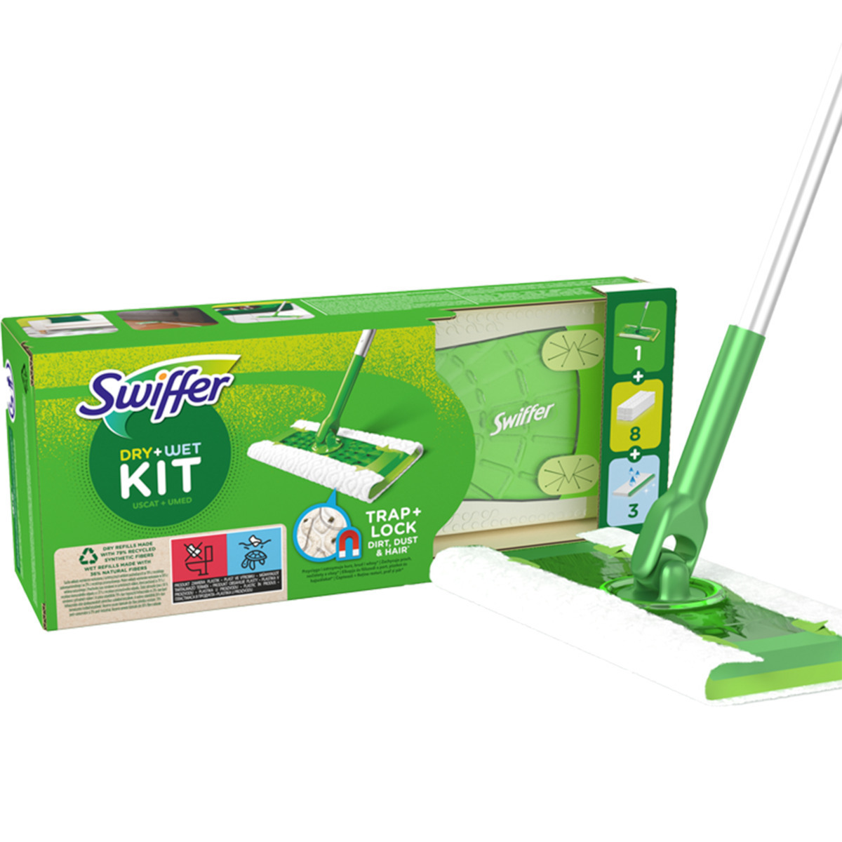 Swiffer Trap Lock Basic Kit 1 Mop 8 Dry Cloth Refills + 3 Wet Cloth ...