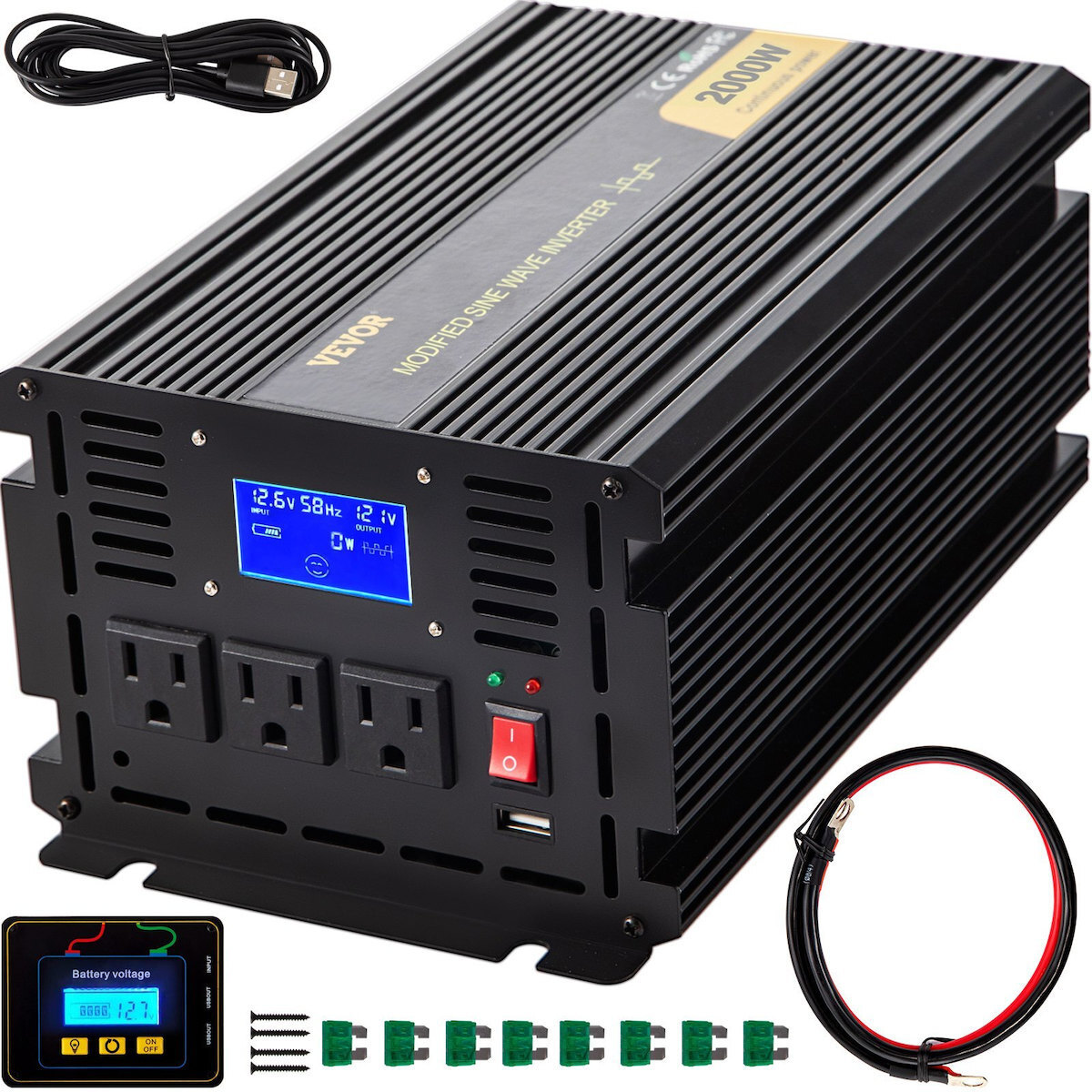 Vevor Inverter Αυτοκινήτου Τροποποιημένου Ημιτόνου 2000W για Μετατροπή 12V DC σε 120V AC με ...