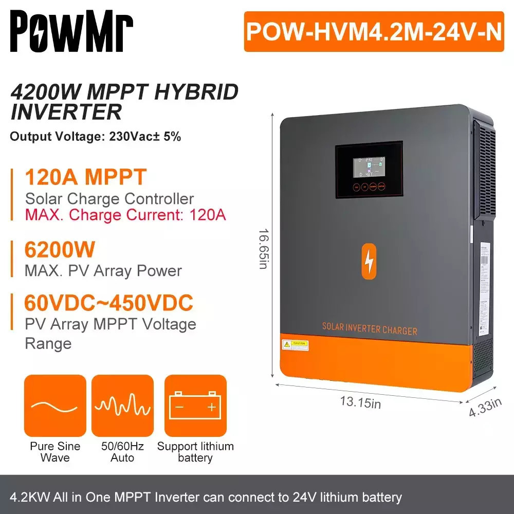 Hybrid Solar Inverter 3000w Output 80a Mppt Supports Lithium Batteries 4.2kw 24v 220-240v No ...