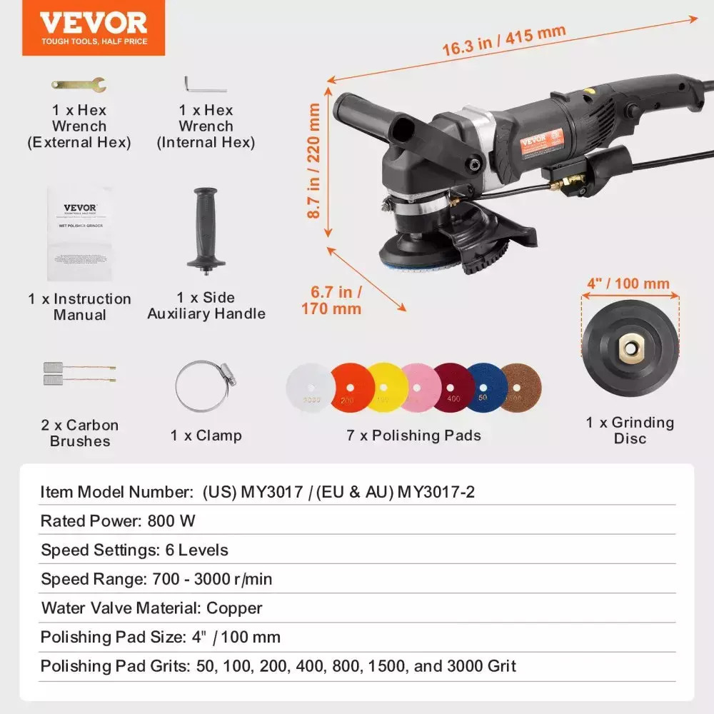 Vevor Wet Polisher 800w Power 6 Variable Speeds Bottom Injection ...