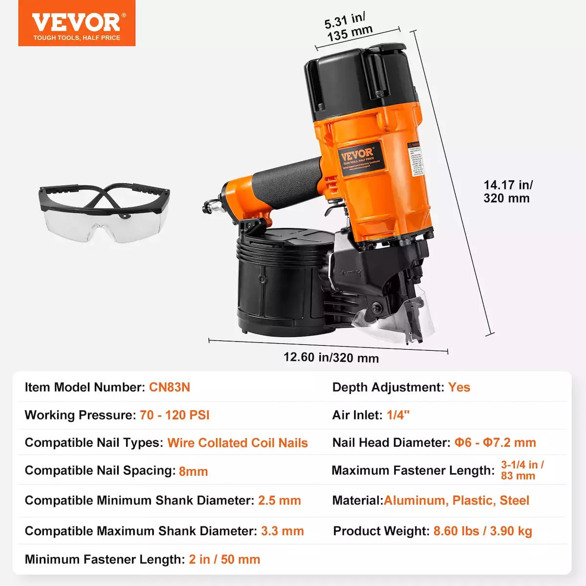 Vevor Pneumatic Siding Nailer 70-120 Psi Working Pressure Compatible ...