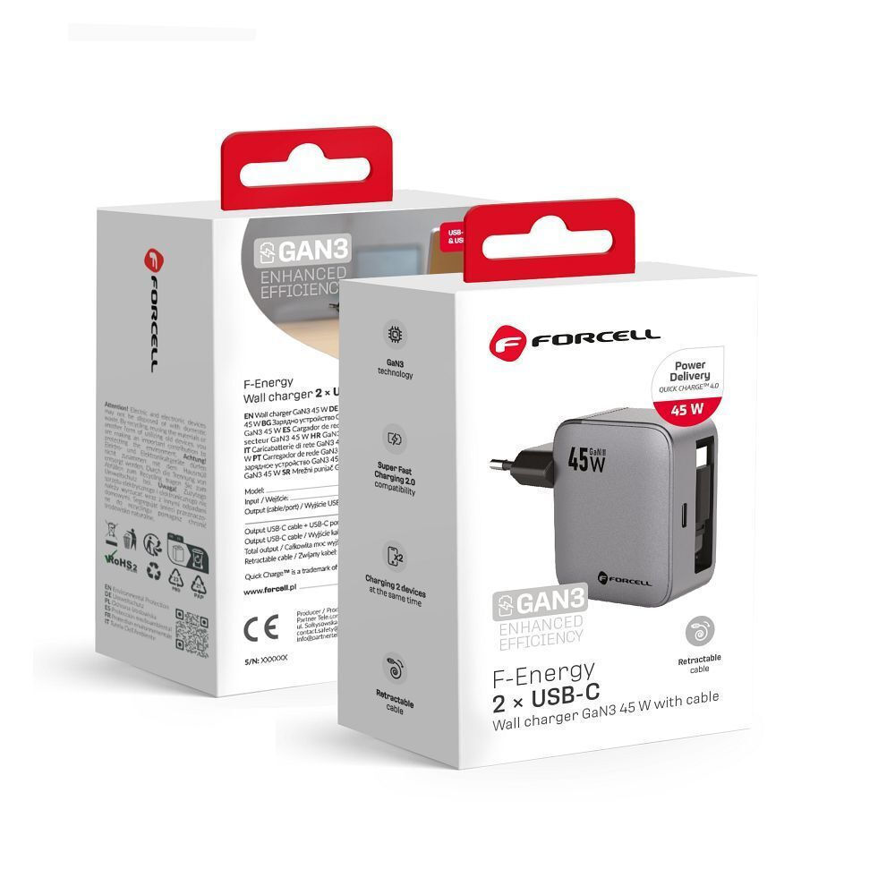 Forcell Φορτιστής Χωρίς Καλώδιο GaN με Θύρα USB-C και Καλώδιο USB-C 45W ...