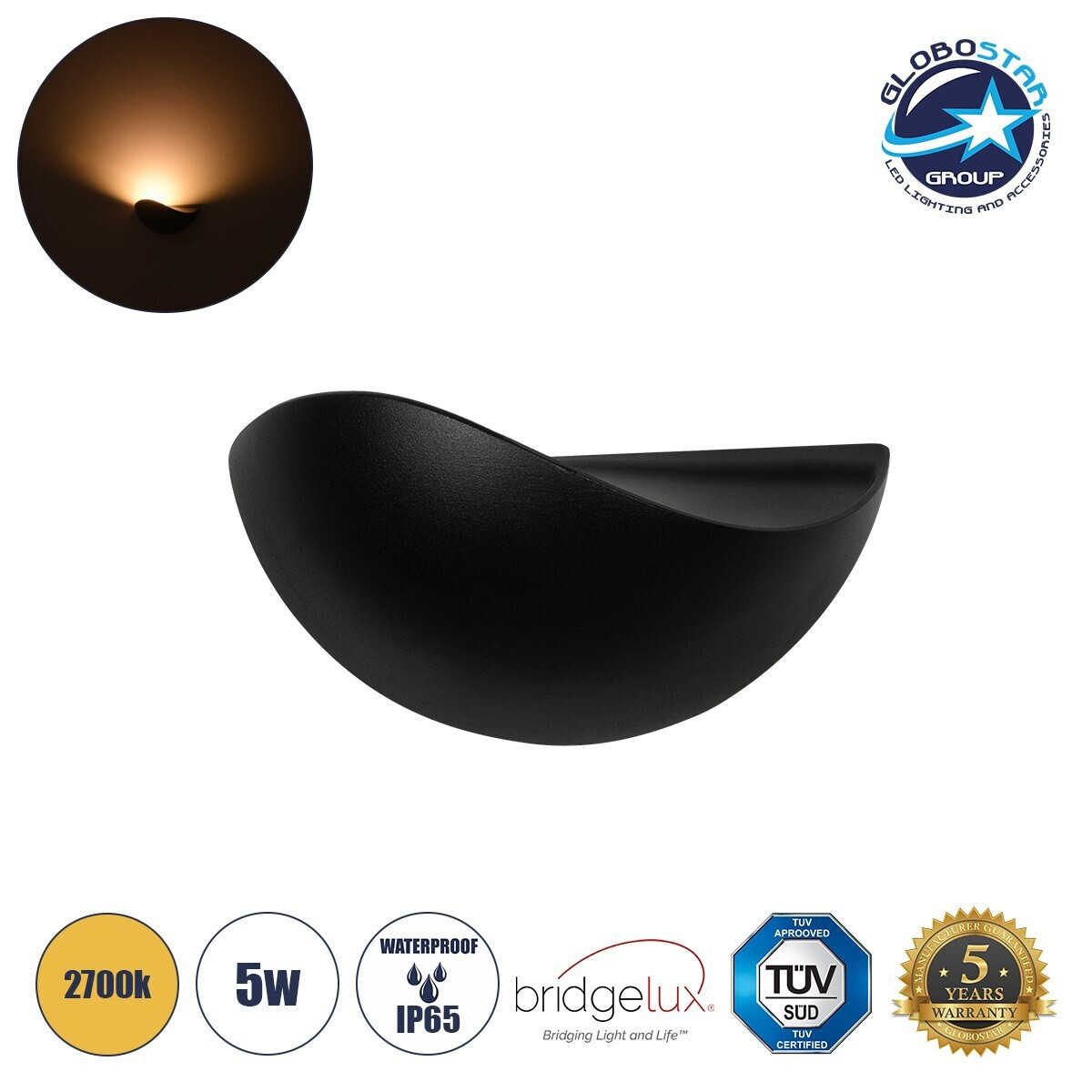 GloboStar Lumină de exterior montată pe perete LED IP65 5W cu Alb Cald Lumină 20x9x12εκ. 60674 ...