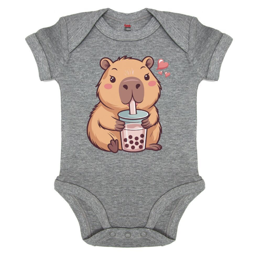 Koupakoupa Capybara Bubble Tea Βρεφικό Κορμάκι Κοντομάνικο Γκρι Μελανζέ ...
